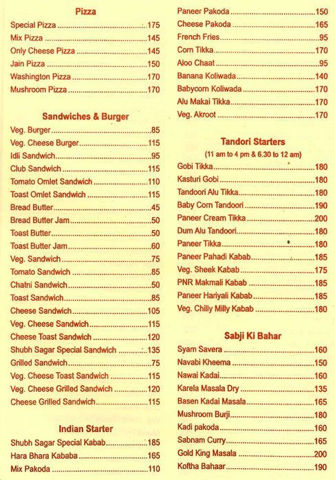 SHUBH SAGAR PURE VEG - COLABA - MUMBAI Menu, Photos, Images and ...